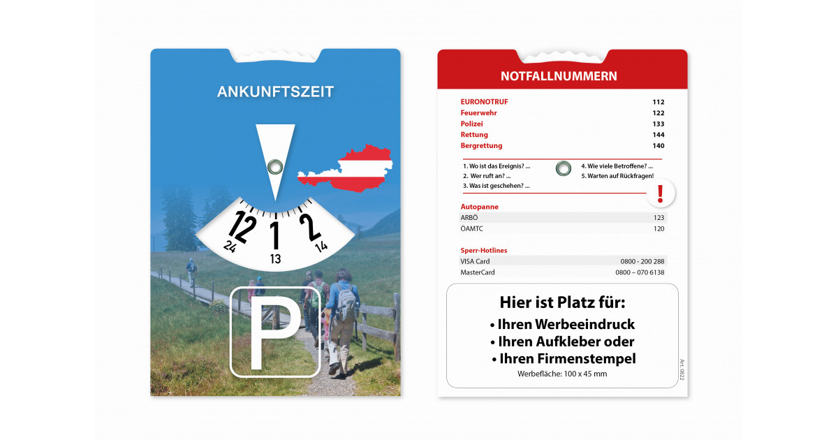Parkscheibe mit Notfallnummern Österreich 110 x 150 mm als Werbeartikel ...